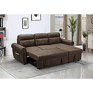 FANYE L-Shaped Oversized Reversible Convertible Tufted Sleeper Sectional Sofa with Pull Out Sleeper Couch Bed,USB Ports, Nailhead Decor Armrests and Storage Chaise for Living Room