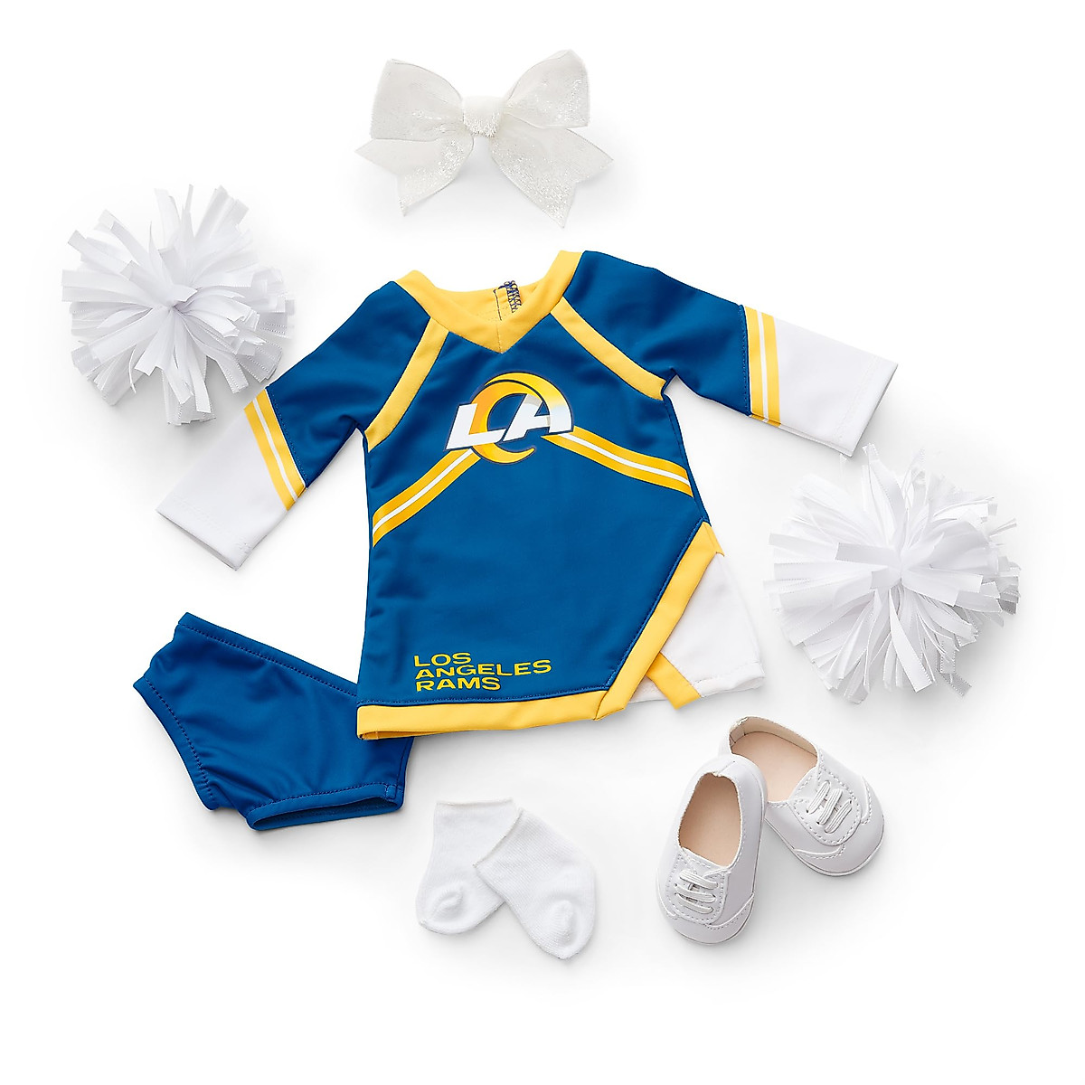 American Girl Los Angeles Rams Cheer Uniform 18 inch Doll Clothes with Pom Poms, Blue and Yellow, 5 pcs, Ages 6+