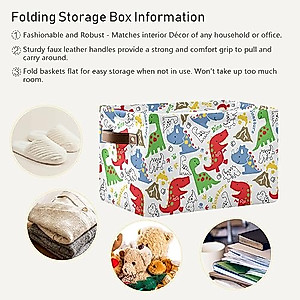Cute Cartoon Dinosaurs Storage Basket Collapsible Storage Bins Cubes Fabric Clothes Hamper Box Toy Chest Gift Baskets for Shelves Office Nursery Home Shoes with Leather Handles