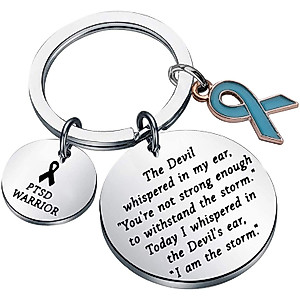 FUSTMW PTSD Keychain Gifts PTSD Awareness Teal Ribbon Gifts PTSD WARRIOR I Am The Storm PTSD Awareness Jewelry Survivor Gifts (silver)