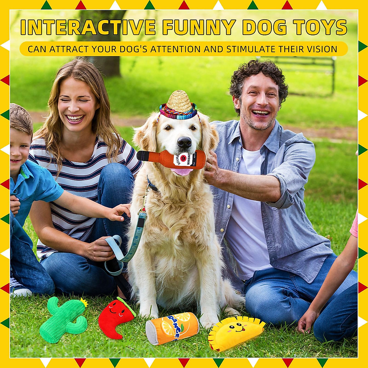 Glimin 9 Pcs Mexican Squeak Plush Toys 8 Stuffed Chew Toys 1 Dog Sombrero Hat Funny Stuffed Chew Toys Interactive Funny Dog Toys with Squeaker for Small and Medium Dog Mexican Party Decoration