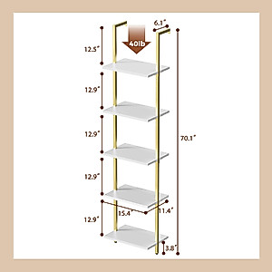SUPERJARE 5-Tier Bookshelf, Narrow Book Shelf Set of 2, Open Wall-Mounted Ladder Shelf with Metal Frame, Display Bookcase for Home Office, Bedroom, White & Gold