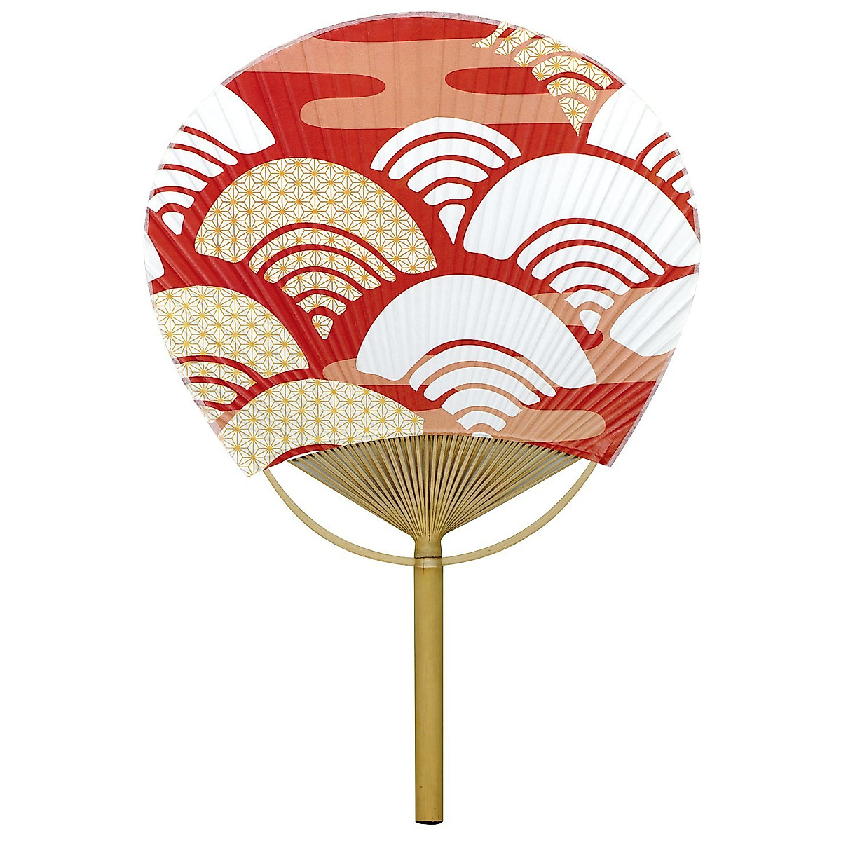 Shikoku Group Fan, Hemp Leaves, Blue Sea Wave, Red, Approx. 11.0 x 16.1 inches (28 x 41 cm)