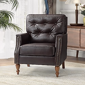 Leather Armchair Accent Chair with Nail Trim and Button Tufted Cozy Sofa Chair with Wood Legs, Tufted Club Chair for Living Room Bedroom Office (Brown)