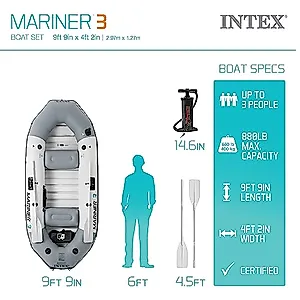 INTEX 68376EP Mariner 4 Inflatable Boat Set: Includes Deluxe 54in Aluminum Oars and High-Output Pump – SuperTough PVC – Inflatable Thwart Seats – 4-Person – 1100lb Weight Capacity