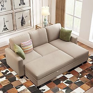 Lepfun 81" Reversible Couch with Storage Ottoman L-Shaped, Sectional Chaise,Nailheaded Textured Fabric 3 Pieces Sofa Set, Ideal for Living Room or Bedroom, Warm Grey