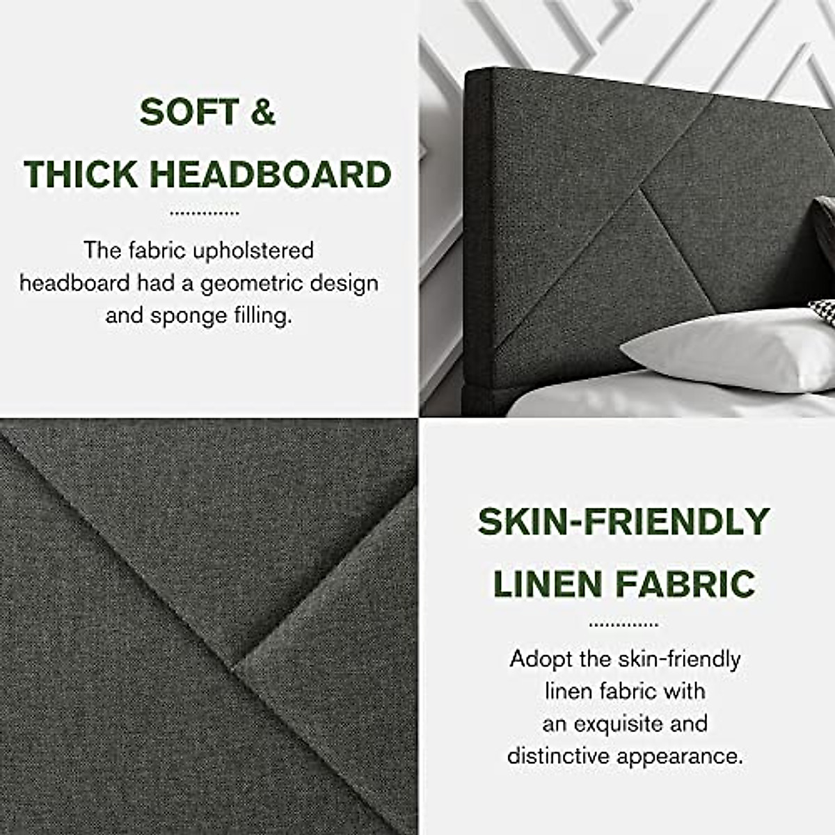 IMUsee Full Size Bed Frame, Upholstered Bed Frame with Geometric Headboard, Heavy Duty Mattress Foundation with Wooden Slats, Easy Assembly, Dark Grey
