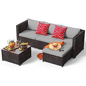 5 Pieces Outdoor Patio Furniture Set, PE Wicker Rattan Outdoor Sectional Patio Set with Cushion and Glass Table, Patio Sofa for Outdoor Patio, Porch, Backyard, Balcony, Poolside, Garden, Grey