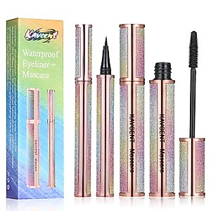 4D Silk Fiber Lash Mascara Liquid Eyeliner Set Waterproof Black Long Lasting Lengthening Thickening Eyelashes Smudge- proof 4D Mascara