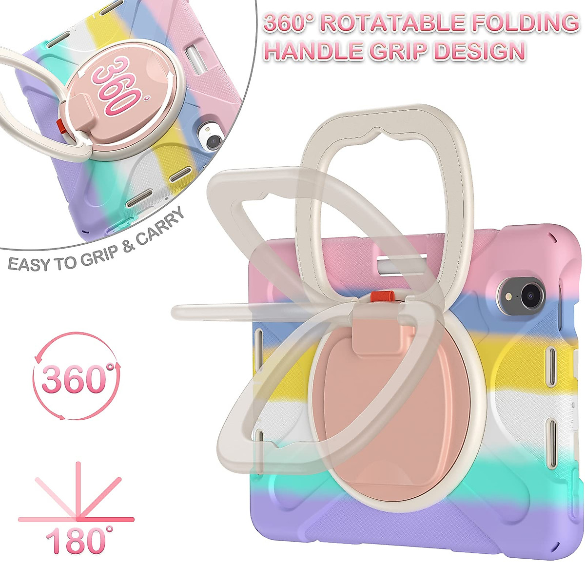 BATYUE Case for iPad Mini 7 (A17 Pro) 2024/ iPad Mini 6 (A15 Bionic) 2021 8.3 inch, Shockproof Case for iPad Mini 7th/6th Gen with Pencil Holder/ 360° Swivel Stand/Shoulder Strap - Colourful Pink