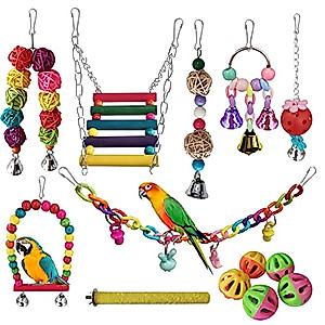13pcs Bird Parakeet Toys, Swing Chewing Toy, Hanging Bell Pet Swing Bird Cage Hammock Climbing Ladders Toy Wooden Perch Toys for Small Parrots, Conure, Cockatiels
