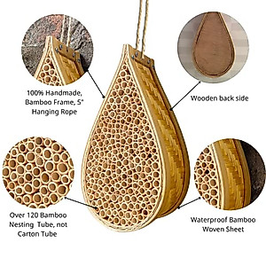 Mason Bee Houses for the Garden Handmade Bamboo Carpenter Bee House Hanging Outside, Dew Drop Waterproof Beehives for The Garden Attracts Peaceful Bee Pollinators to Enhance Your Garden's Productivity