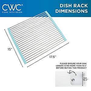 COOK WITH COLOR Roll Up Dish Rack- Over The Sink Mat for Drying Dishes - Silicone Wrapped Stainless Steel Rods (15" x 17.5") - Versatile Roll Up Trivet & Dish Drying Rack for Kitchen