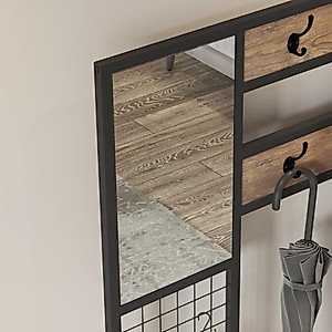 NAIYUFA Entryway Hall Tree with Drawer,Coat Rack with Mirror,Vintage Industrial Hall Tree with Shoe Bench,5-in-1 Storage Rack with 8 Hooks and Grid Panel