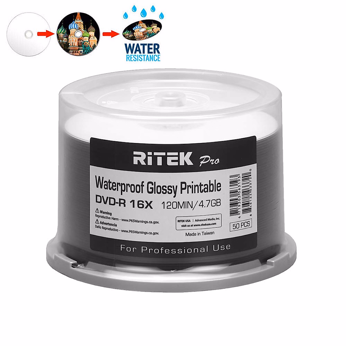 50 Pack Ritek Pro (Professional Grade) DVD-R 16X 4.7GB AZO Dye (MID MXL RG04) Watershield Water Resistant Glossy White Inkjet Hub Printable Blank Recordable Disc