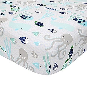 Lambs & Ivy Oceania 100% Cotton Fitted Crib Sheet - White with Blue Nautical/Aquatic Fish and Octopus