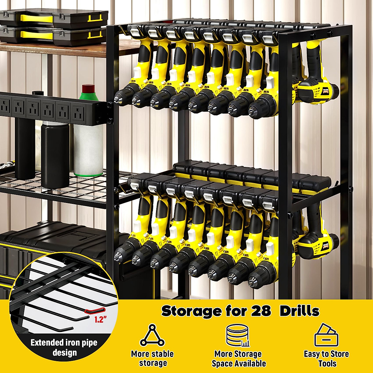 TC-HOMENY Power Tool Organizer Garage Storage with Charging Power Strip, 28 Drill Rack Tool Holder Racks Rolling Tool Cart on Wheels, Tool Shelf Organizer, Garage Workshop Gifts for Men Dads