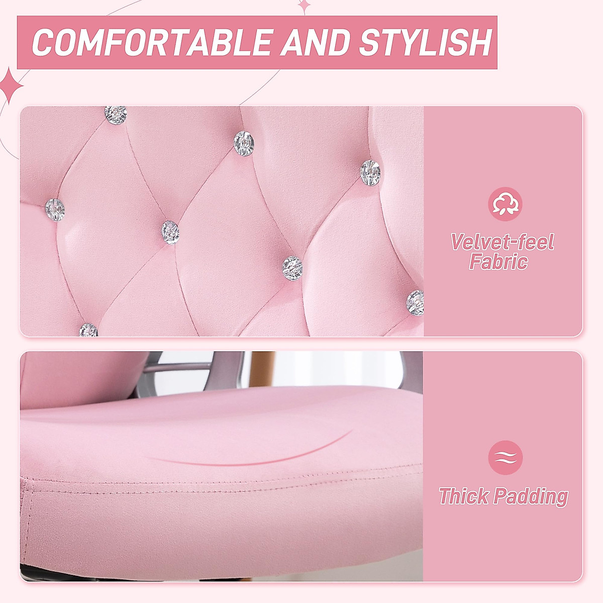 Vinsetto Home Office Chair, Velvet Computer Chair, Button Tufted Desk Chair with Swivel Wheels, Adjustable Height, and Tilt Function, Pink