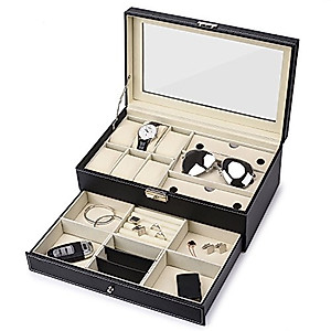 JS NOVA JUNS 6 slots watch box Jewelry Organizer Lockable Sunglass Display Case with Black Faux Leather