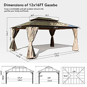Domi Outdoor Living 12’ x 16’ Hardtop Gazebo, Outdoor Aluminum Frame Canopy with Polycarbonate Double Roof, Outdoor Permanent Metal Pavilion with Curtains and Netting for Patio, Backyard and Lawn