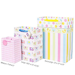 FZOPO Baby Gift Bag Assortment, Heavy Duty Paper Gift Bags, Pack of 12 Small, Medium, Extra Large Bags for Baby Shower, Birthday, Parties, Baby Girl, and Baby Boy