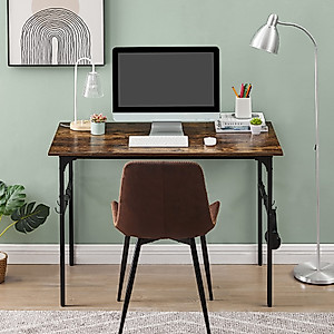 VECELO 44" Computer Writing Desk for Home Office, Study Table Workstation for Small Spaces with 6 Hooks & Adjustable Legs, Metal Frame,Brown, 44Inches