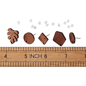 Pandahall 16 Pairs Wood Stud Earring Findings with Hole Flat Round Oval Teardrop Rhombus Wood Stud Earring with Ear Nuts for DIY Wooden Earrings Making