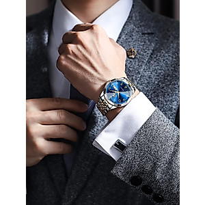 OLEVS Blue Watch for Men Luxury Dress Analog Quartz Silver Stainless Steel Waterproof Luminous Date Diamond Business Two Tone Casual Wrist Watch