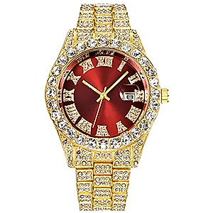 SENRUD Men's Diamond Watch Fashion Hip Hop Crystal Rhinestone Roman Numerals Quartz Analog Watch Full Bling Iced-Out Bracelet Wrist Watch (Gold red)