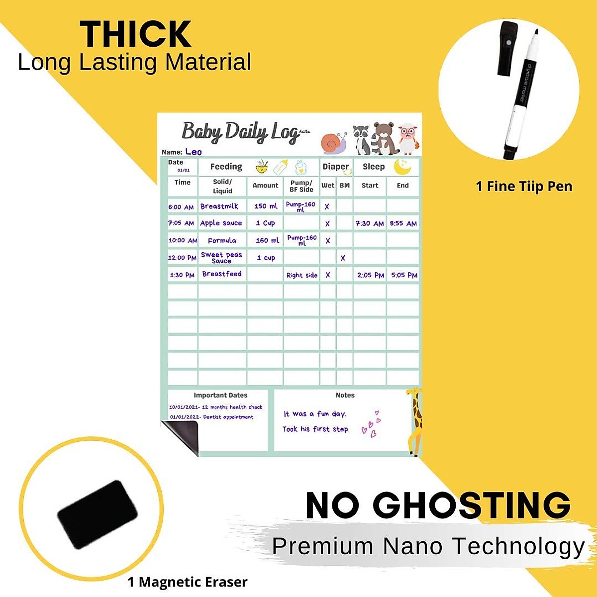 Baby Daily Log Chart Dry Erase Whiteboard for Logging Daily Schedule for Newborns and Toddlers, Log Feeding, Diaper Change, Naps and Daily Activities, Board for Refrigerator, with Pen and Eraser