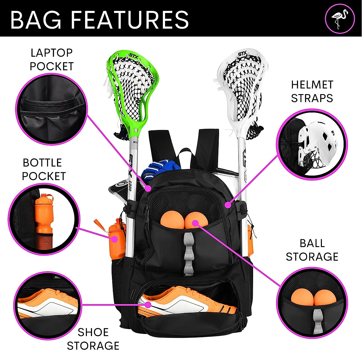ERANT Athletic Lacrosse Bag - Extra Large Sports Lacrosse Backpack - Lacrosse Sticks Holders - Separate Cleat & Gear Compartment - Boys & Girls - Ideal for Lacrosse, Field Hockey, Gym - Black