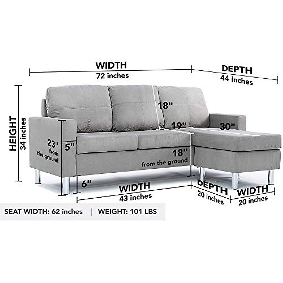 Divano Roma Furniture Small Space Modern Sectional Sofa, Gray