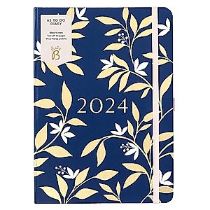 Busy B A5 To Do Diary January to December 2024 - Navy and Gold Floral - Week to View Diary with Notes, Tear-Out Lists & Pockets
