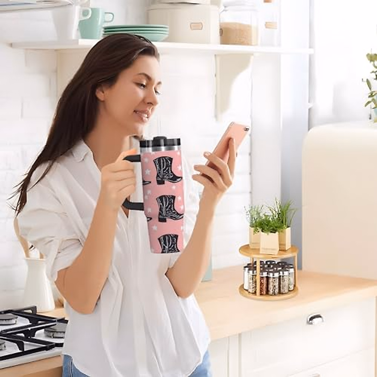 Flradish 40oz Tumbler with Handle, Beautiful Cowboy Boots Stainless Steel Tumbler with Lid and Straws Double Wall Vacuum Insulated Leakproof Coffee Travel Mug