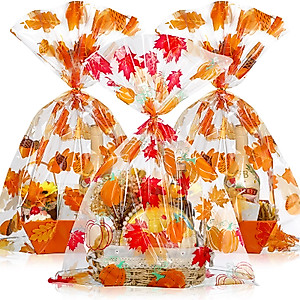 Cholemy 30 Pcs Thanksgiving Large Cellophane Gift Basket Bags 19.7" x 27.6" Fall Gift Bags Bulk Jumbo Fall Plastic Gift Wrap Bags With 100 Twist Ties Pumpkin Leaf Acorn Goody Bags for Dolls Presents