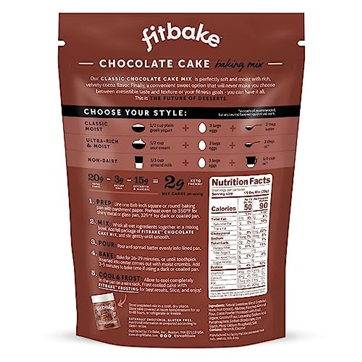 FitBake Chocolate Cake Baking Mix | 2g Net Carbs | Keto Friendly Low Carb Food | No Added Sugar Keto Snack | Zero Sugar & Gluten Free Desserts | Naturally Sweetened Cake Mixes Keto Food 8.75oz