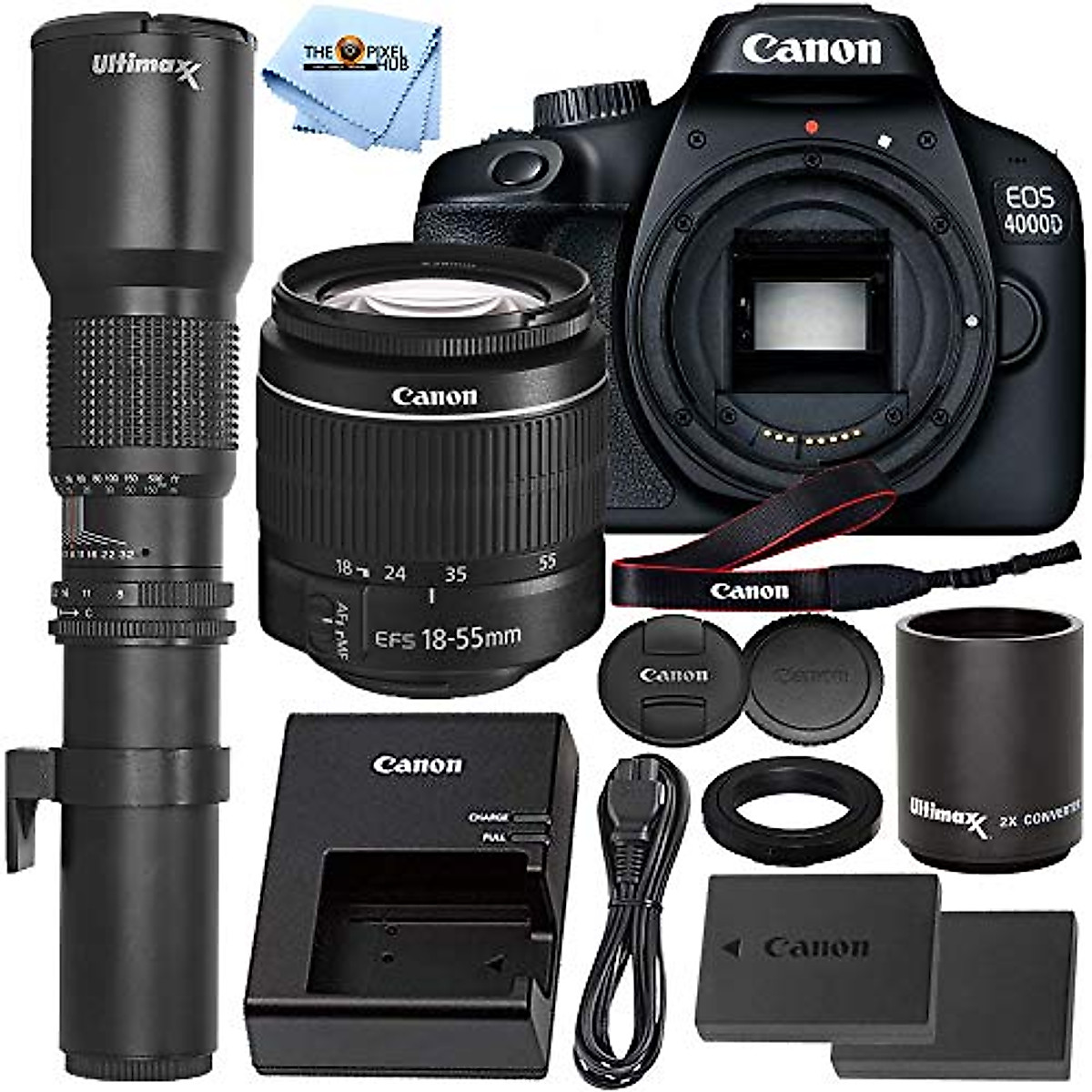 Canon EOS 4000D DSLR Camera with 18-55mm f/3.5-5.6 III + 500mm/1000mm Preset Telephoto Lens + Extra LP-E10 Rechargeable Battery Professional Accessory Bundle