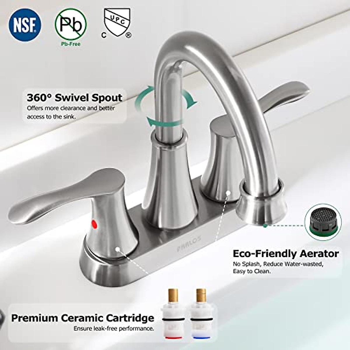 PARLOS Swivel Spout 2-Handle Lavatory Faucet Brushed Nickel Bathroom Sink Faucet with Metal Pop-up Drain and Faucet Supply Lines, Demeter 13627