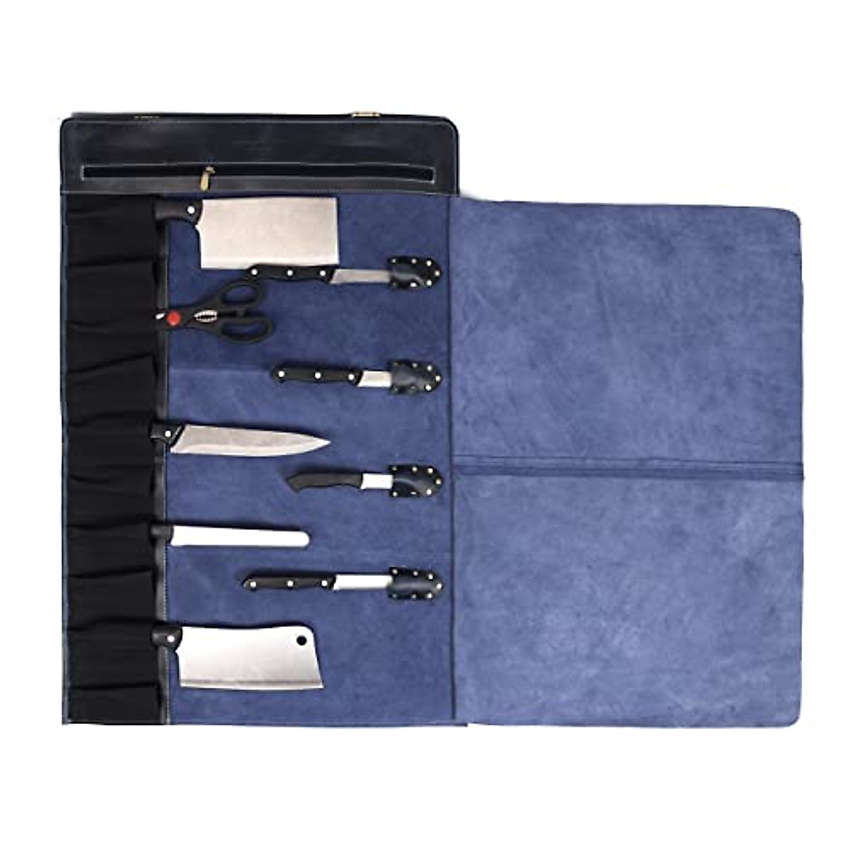 Leather Knife Roll Storage Bag, Elastic and Expandable 10 Pockets, Adjustable/Detachable Shoulder Strap, Travel-Friendly Chef Knife Case (Sapphire Blue, Leather)