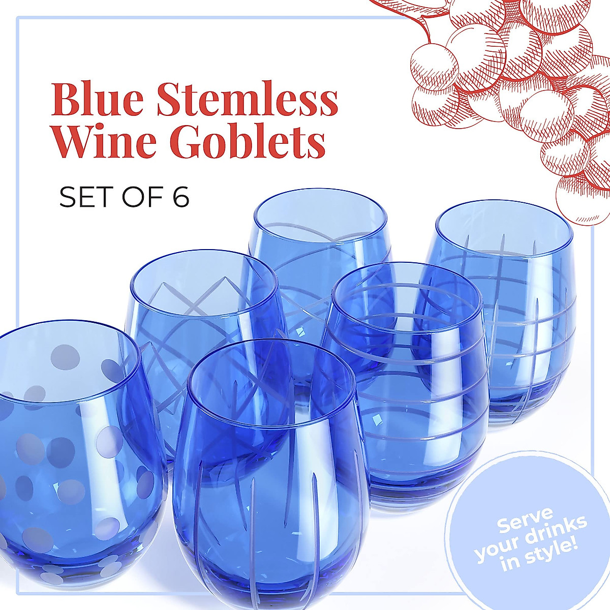 American Atelier Medallion Stemless Wine Glass Set of 6, 17 oz, Etched Patterns, Textured Glass Cups, Glasses for Red or White Wine, Stemless Goblets, Fifth Avenue Crystal, Blue