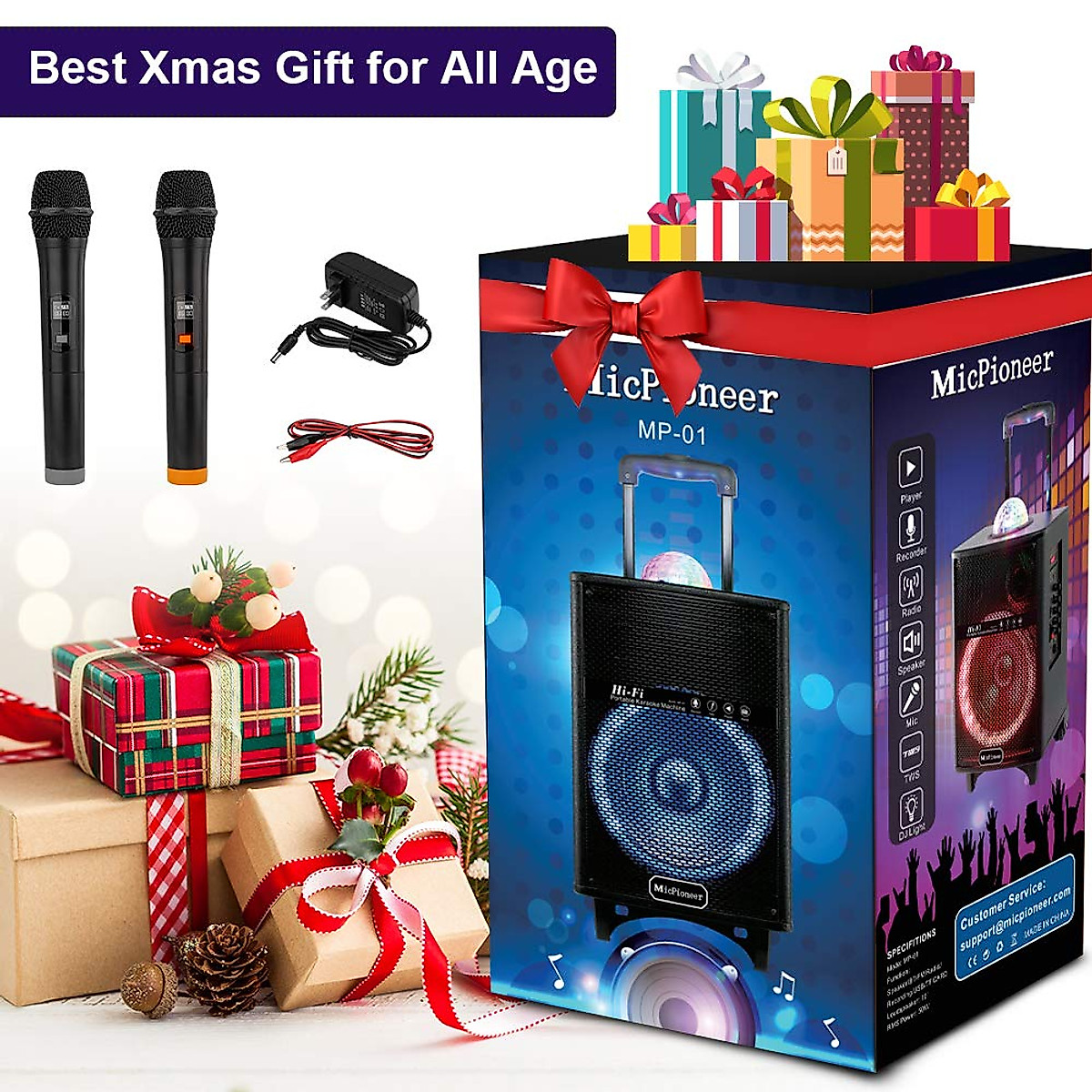 Bluetooth Karaoke Machine for Adults with 2 Wireless Microphones, Portable Karaoke Speaker with Disco Lights, Gifts for Kids, Boys & Girls