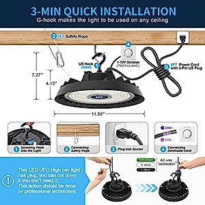 AKK 200W LED High Bay Light 180W 150W Tunable, 3 Color Switchable 30000LM UFO LED High Bay Light(Eqv. 900W MH/HPS), 1-10V Dimmable High Bay LED Lights, US Plug 5' Cable, 100-277V for Factory Warehouse