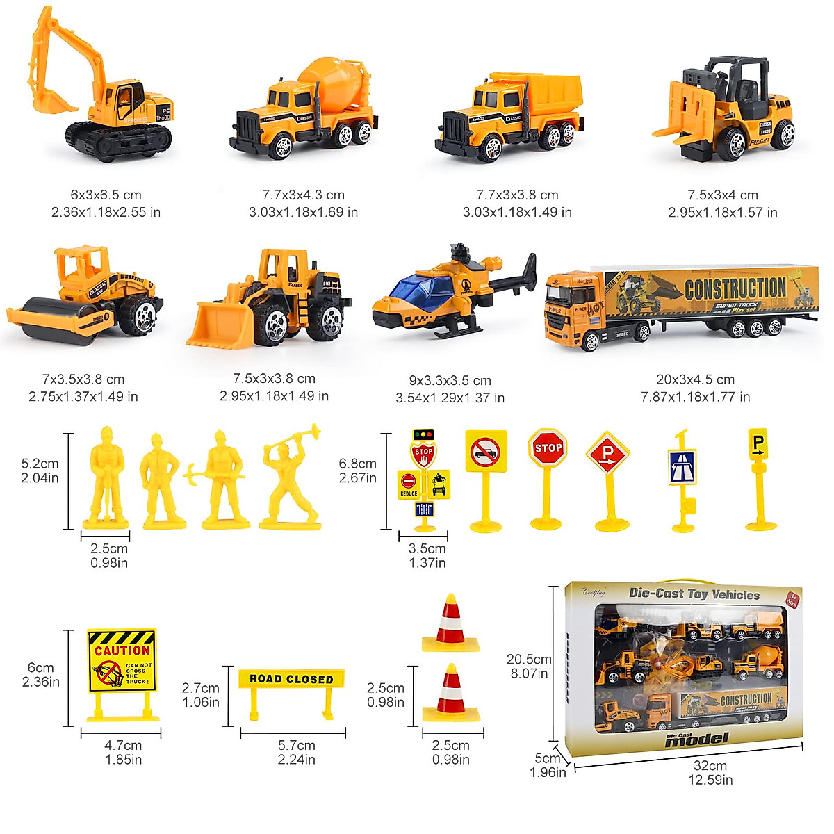 Coolplay Construction Vehicle Toy Set, Little Die Cast Car Toy Forklift, Bulldozer, Excavator, Mixer, Dump Truck Toy for Kids 3 4 5 6 Years Old