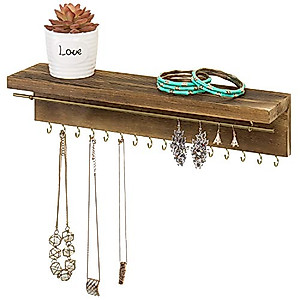 MyGift Wall Mounted Rustic Brown Wood Necklace and Bracelet Jewelry Organizer Rack with Cosmetic Display Shelf, Gold-Tone Metal Hanging Earring Bar and 16 Hooks