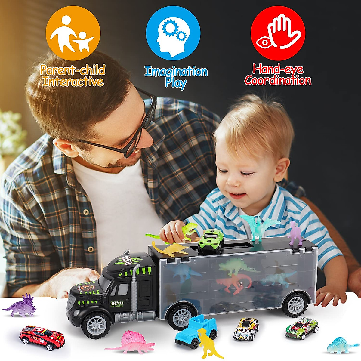 Transport Truck and Car Toys for 3 4 5+ Year Old Boys Birthday Gifts Carrier Truck Vehicle Toddler Boy Toys Age 3-4 4-7 Dinosaur Toys for Kids 3-5 5-7 with Glowing Dino Figures Boy Presents