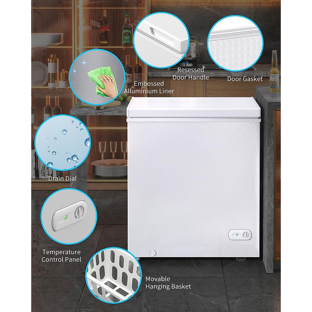 Muhub 7.0 Cubic Feet Chest Freezer, White Deep Freezer with Removable Baskets, Free Standing Top Open Door Compact Freezer with Adjustable Temperature (7.0 Cu.Ft)
