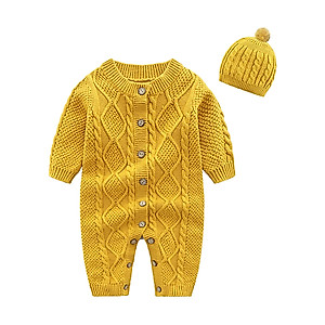 IADOER Baby Newborn Boy Knitted Sweater Romper Cotton Longsleeve Outfit with Kids Winter Warm Hats Set（Yellow 0-3M