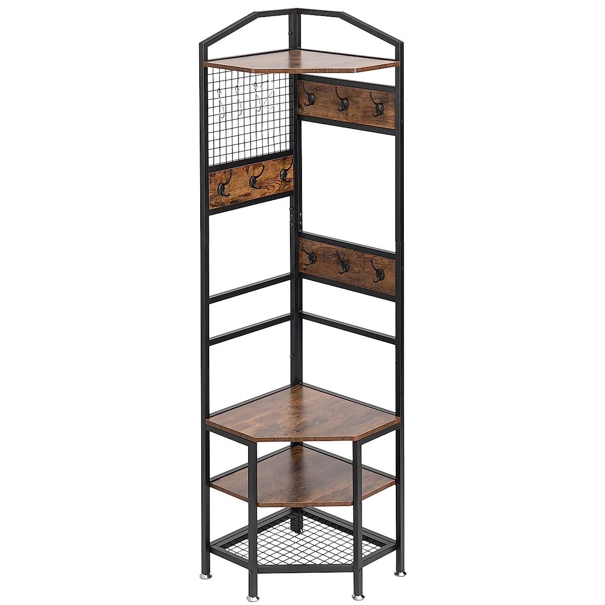 DOEWORKS 4-Tier Corner Industrial Hall Tree, Freestanding Entryway Coat Storage Rack with Hooks and Wooden Storage Shelves, Black