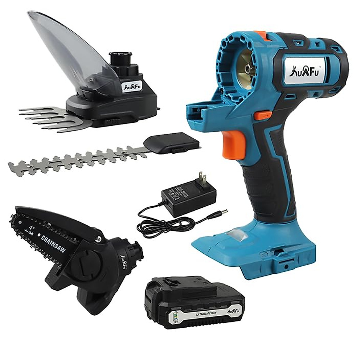 KuAFu 20V Power Tool Combo Kit-Cordless Power Hedge Trimmer and Chain Saw with Security Lock for Wood Cutting Tree Trimming,2.0AH Battery and Charger