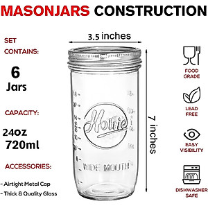 Tebery 6 Pack Wide Mouth Home Glass Mason Jars with Airtight Lids and Bands, 24-Ounce Canning Glass Jars for Canning, Fermenting, Pickling, Meal Prep, Overnight Oats, Jam, Jelly